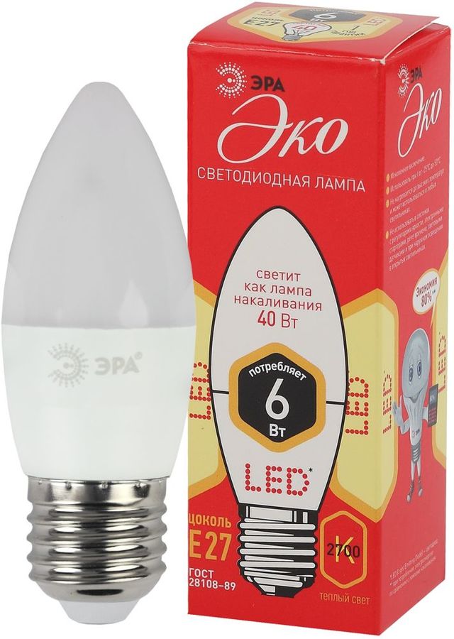 Характеристики Упаковка ламп LED Эра E27, свеча, 6Вт, 2700К, белый ...