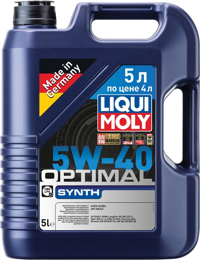 Характеристики Моторное масло LIQUI MOLY Optimal Synth, 5W-40, 5л ...