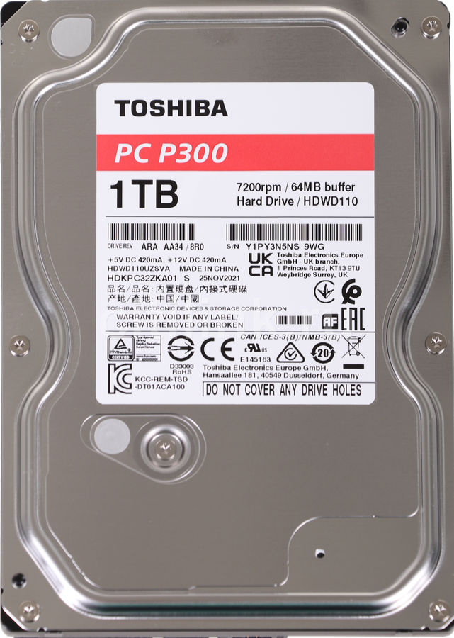 Жесткий диск Toshiba P300 HDWD110UZSVA, 1ТБ, HDD, SATA III, 3.5 ...