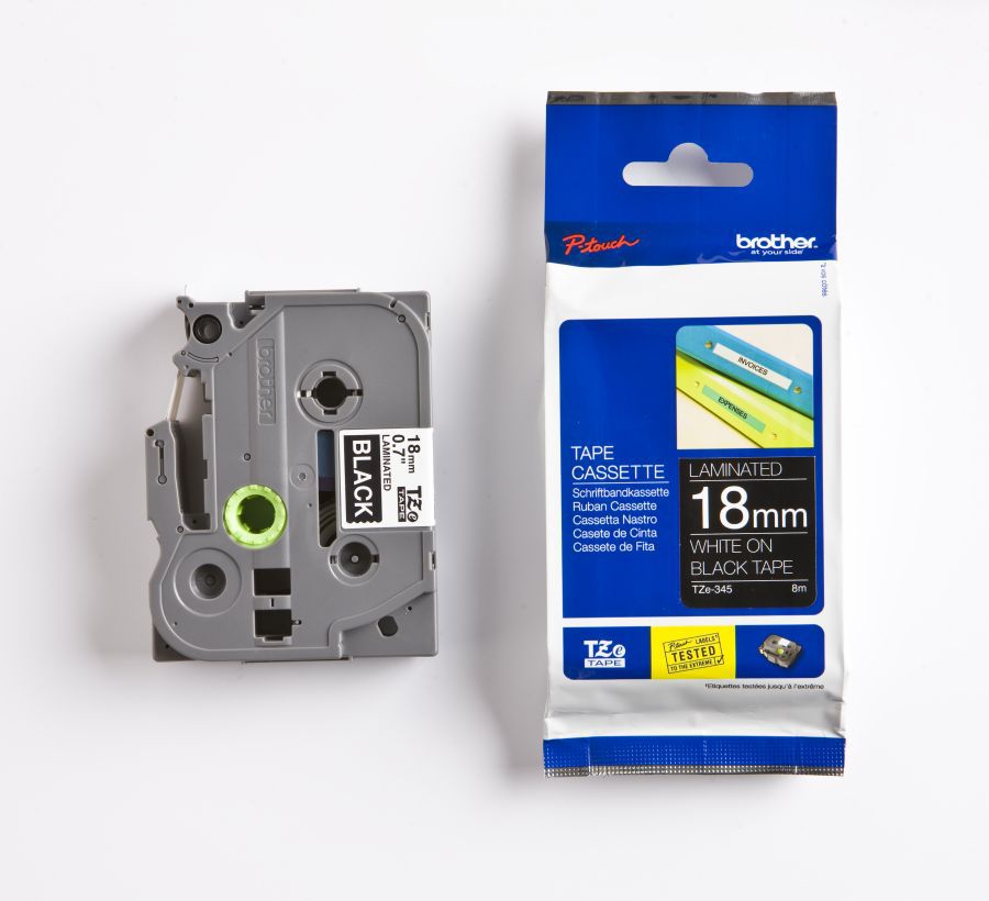 Картридж Brother TZE345, 18мм, белый шрифт, черный фон, 8м ( TZE345 ...